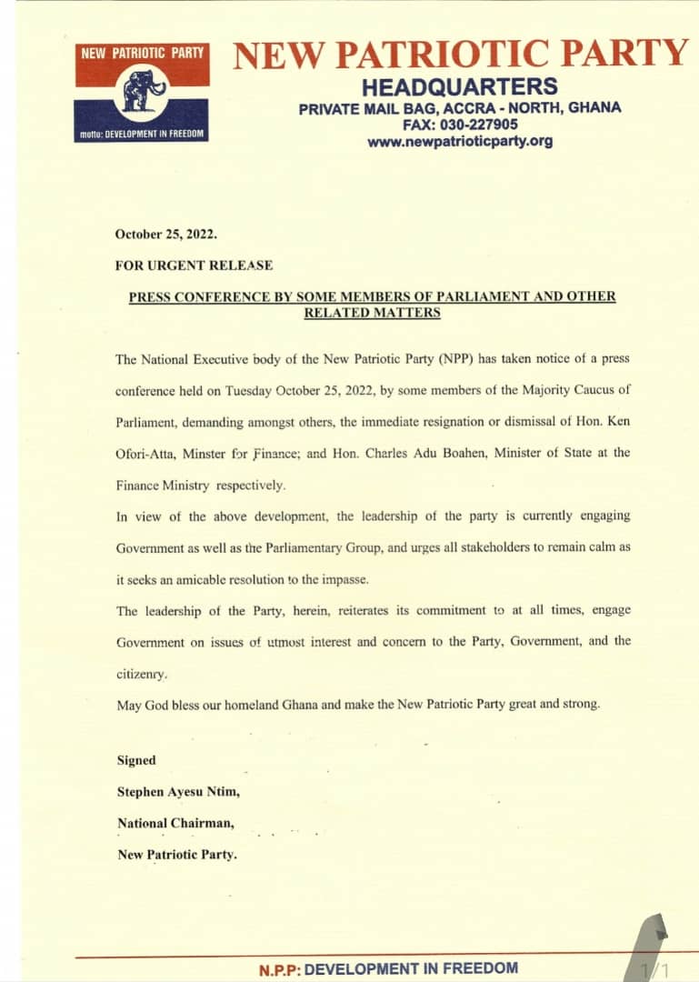 NPP Headquarters Releases Statement Over Ken Ofori Atta’s Removal